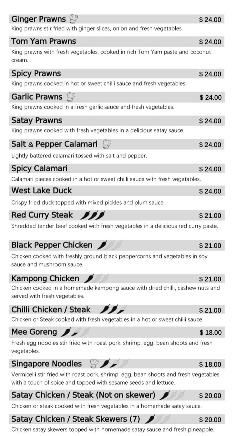 Menu at Chinaman restaurant, Wandin North