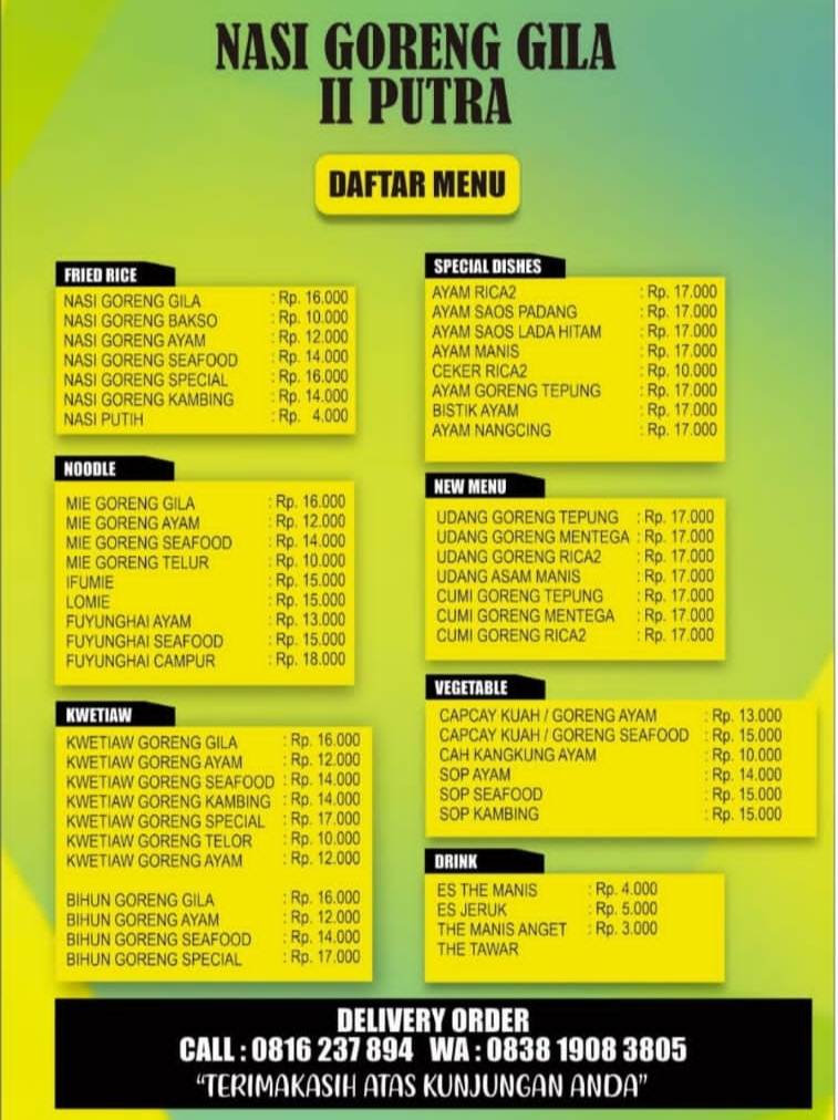 Menu at Chinese Food 2 Putra Crazy Fried Rice restaurant, Cigombong