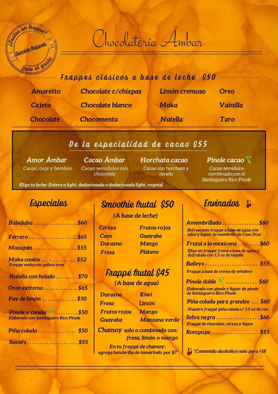 Carta de Chocolatería Ámbar, el cafecito lindo., Santiago Papasquiaro