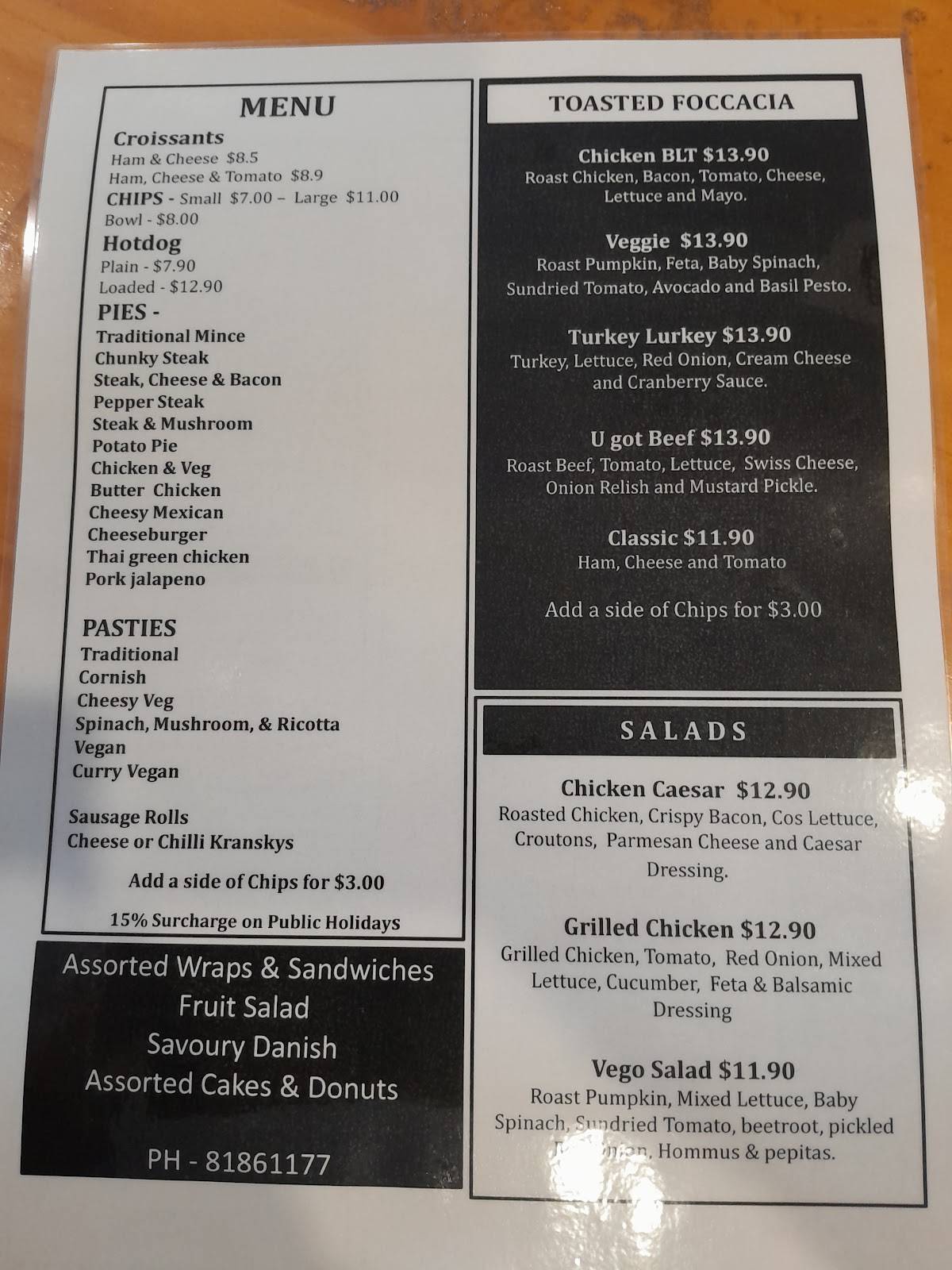 Menu at The ESPY Bakehouse cafe, Christies Beach