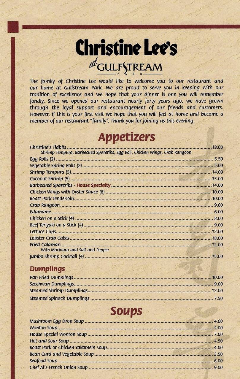 Menu at Christine Lee's restaurant, Hallandale Beach