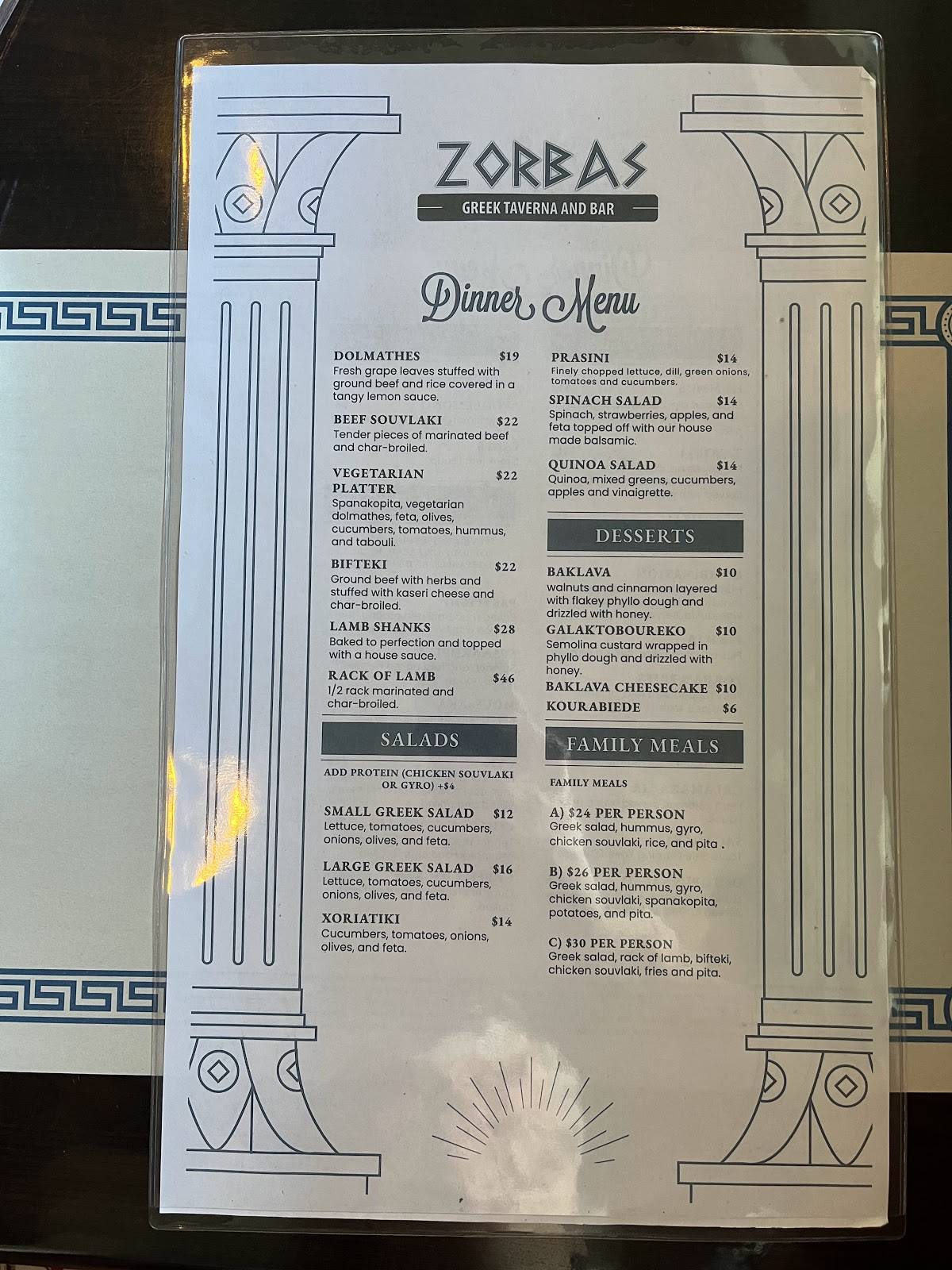 Menu at Zorbas Greek Restaurant & Taverna, Chula Vista
