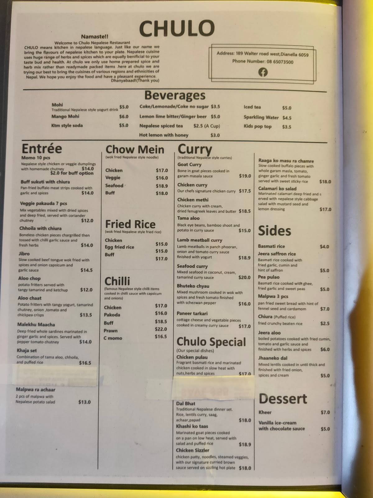 Menu at Chulo Nepalese Perth restaurant, Dianella