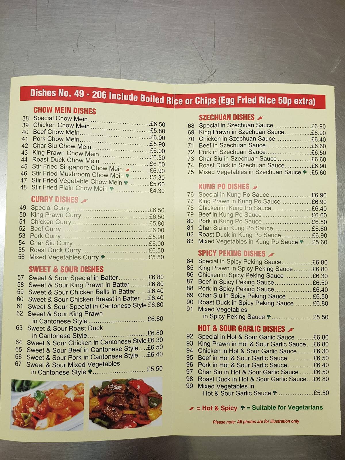 Menu at Chung Hing, Rawtenstall