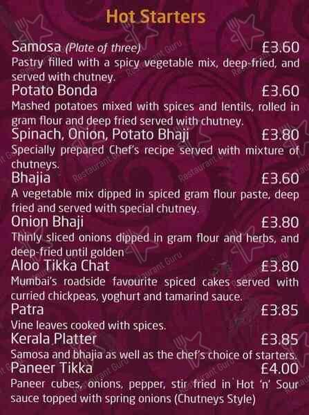Menu at Chutneys restaurant, London, 124 Drummond St