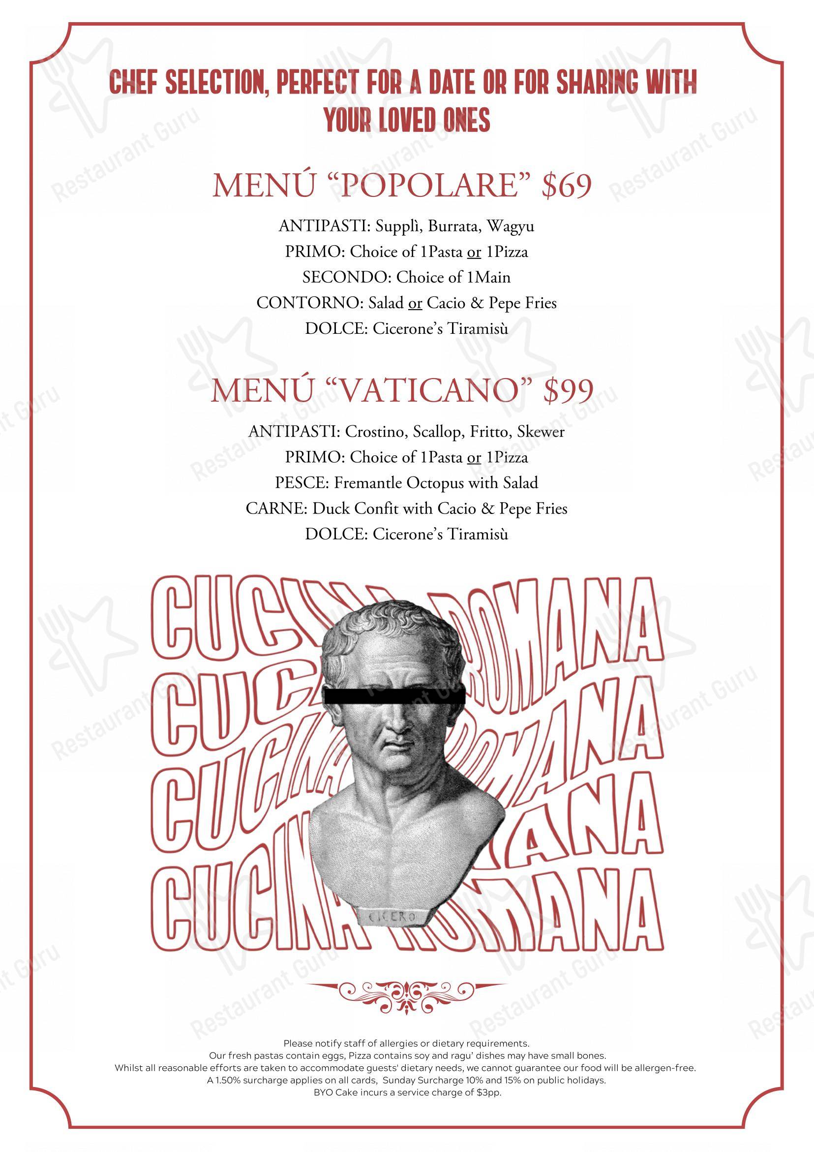 Menu at Cicerone ~ Cucina Romana restaurant, Surry Hills