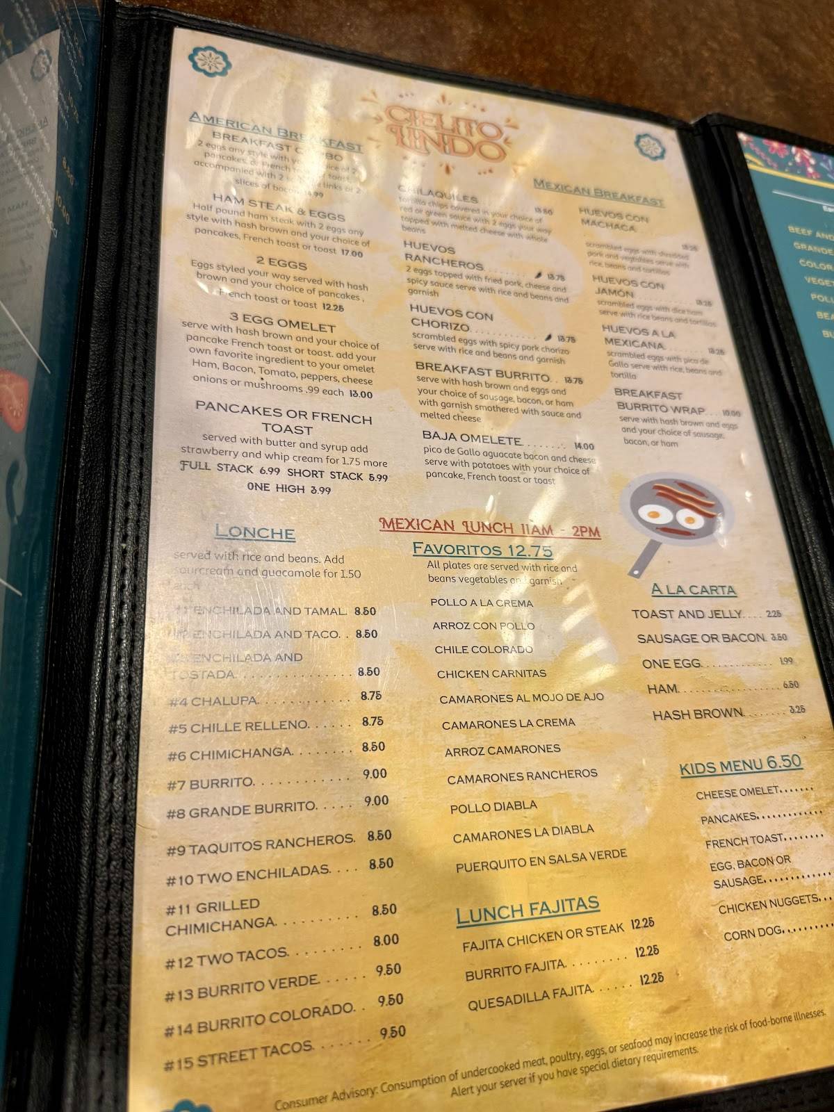 Menu at Cielito Lindo Cocina Mexicana restaurant, Pocatello