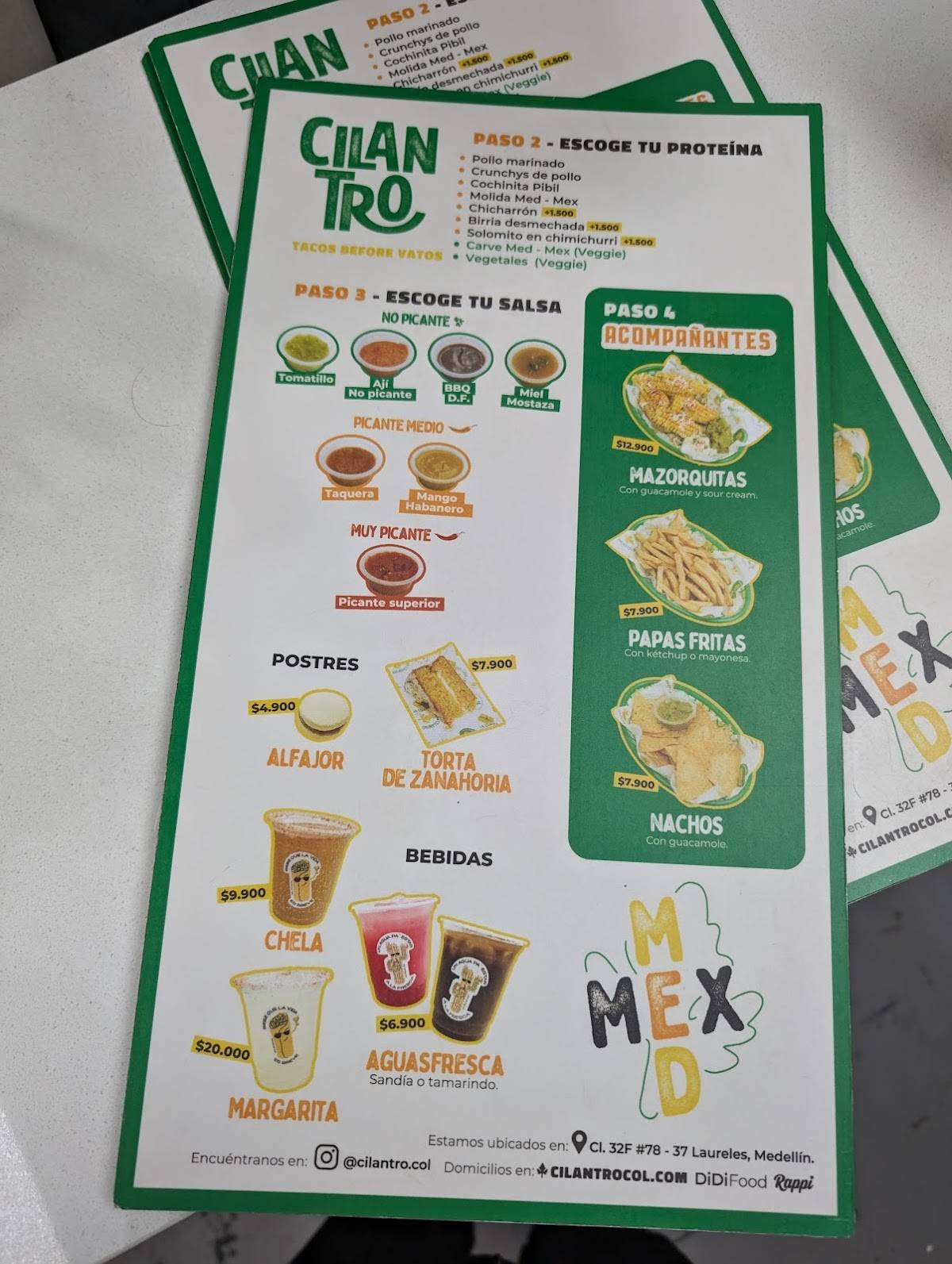 Menu at Cilantro restaurant, Medellín