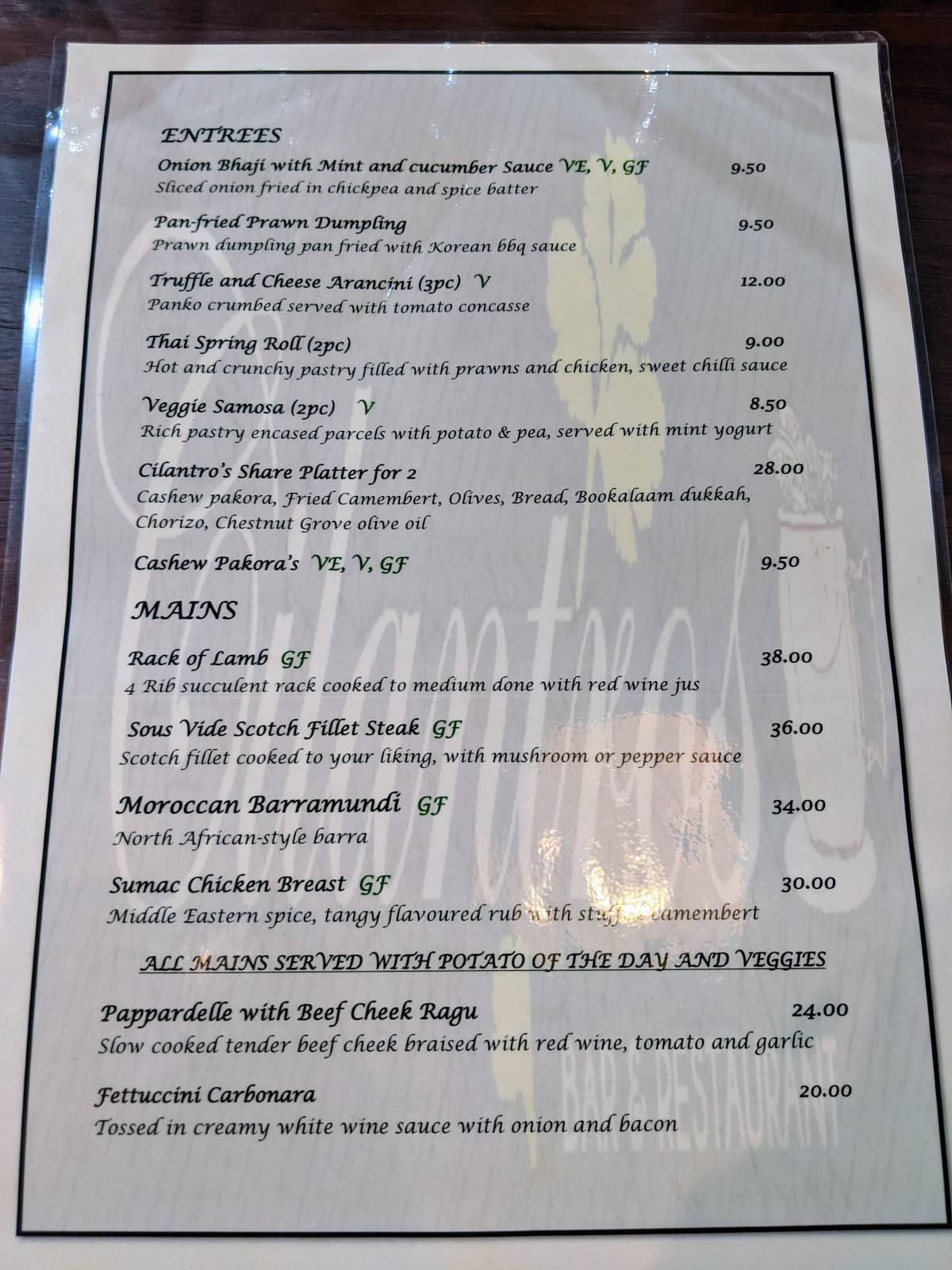 Menu at Cilantro's Bar and Restaurant, Manjimup