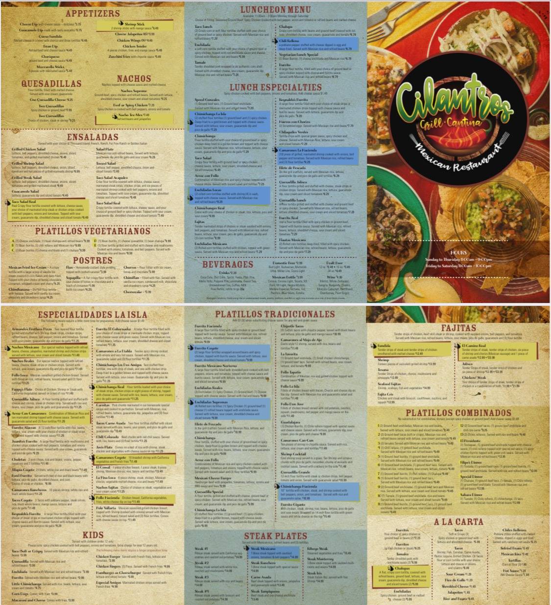 Menu at Cilantro's Mexican Restaurant, Brazil