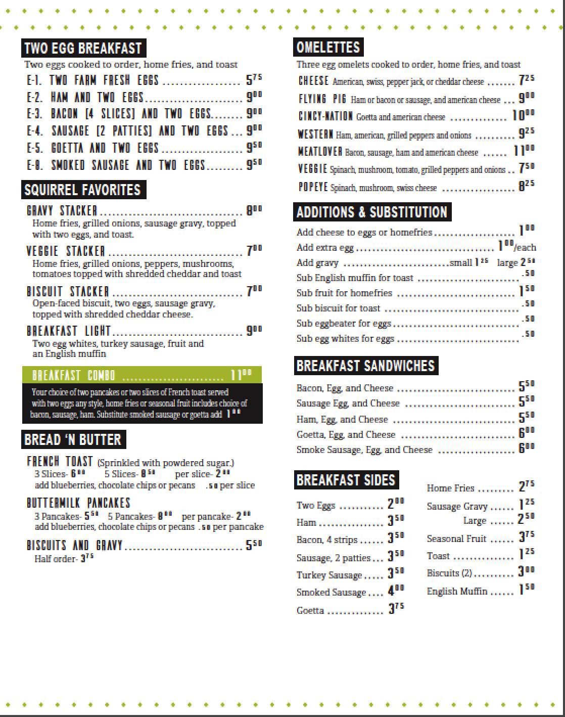 Menu at Red Squirrel restaurant, Cincinnati, Colerain Ave