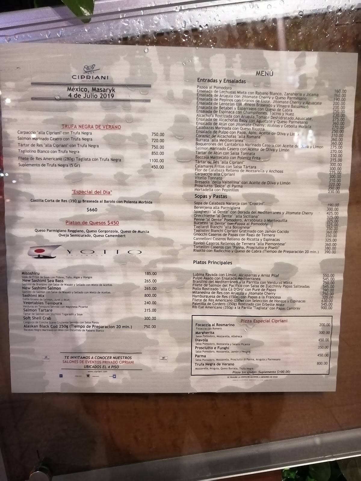 Carta del restaurante Cipriani, Ciudad López Mateos