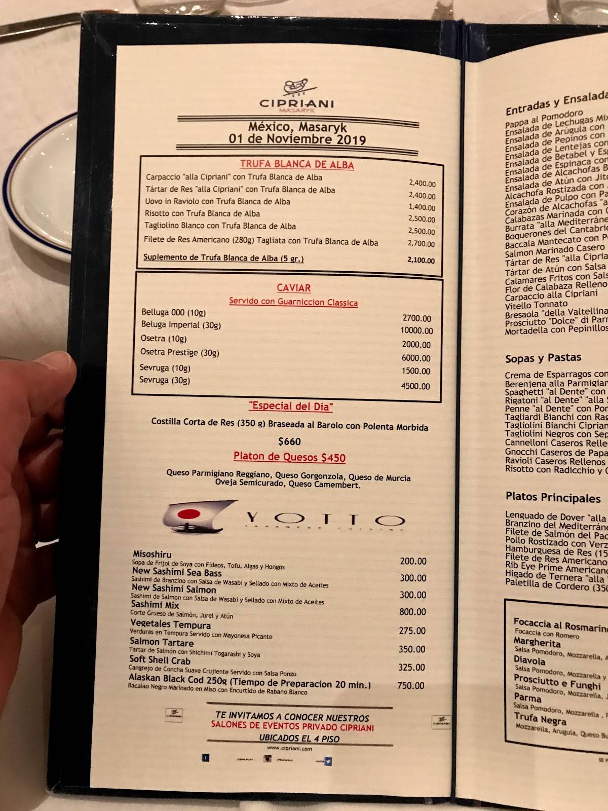 Menu at Cipriani restaurant, Ciudad López Mateos