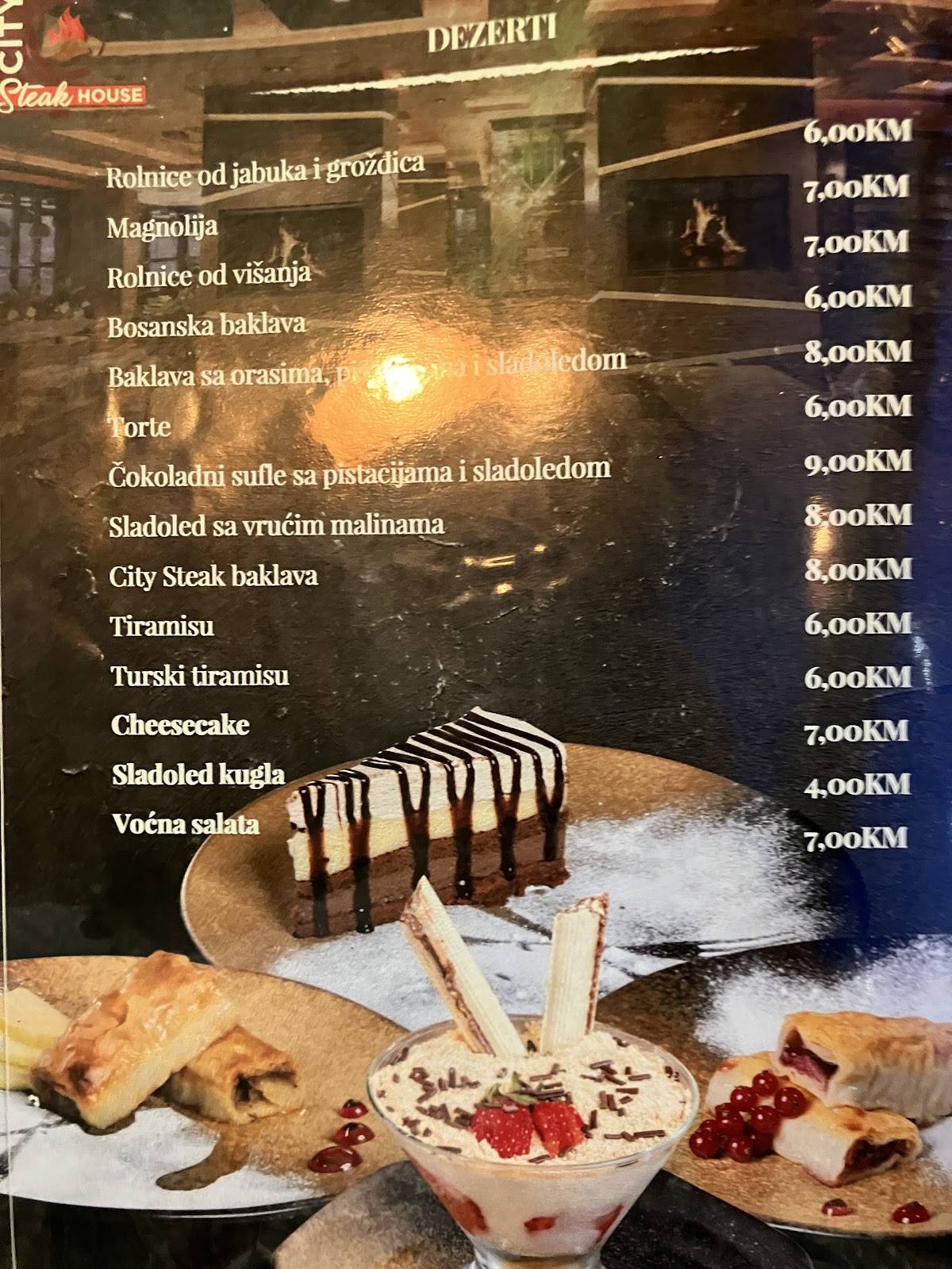 Menu at City STEAK House restaurant, Tuzla