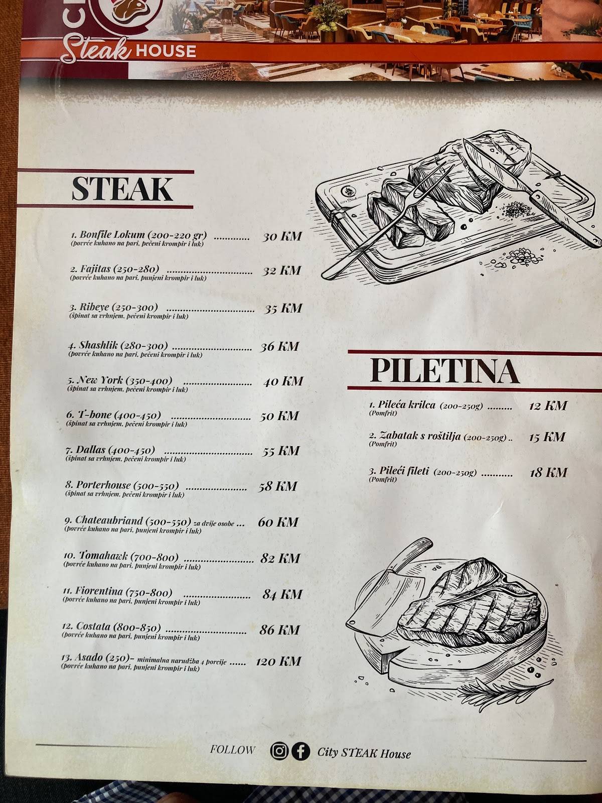Menu at City STEAK House restaurant, Tuzla