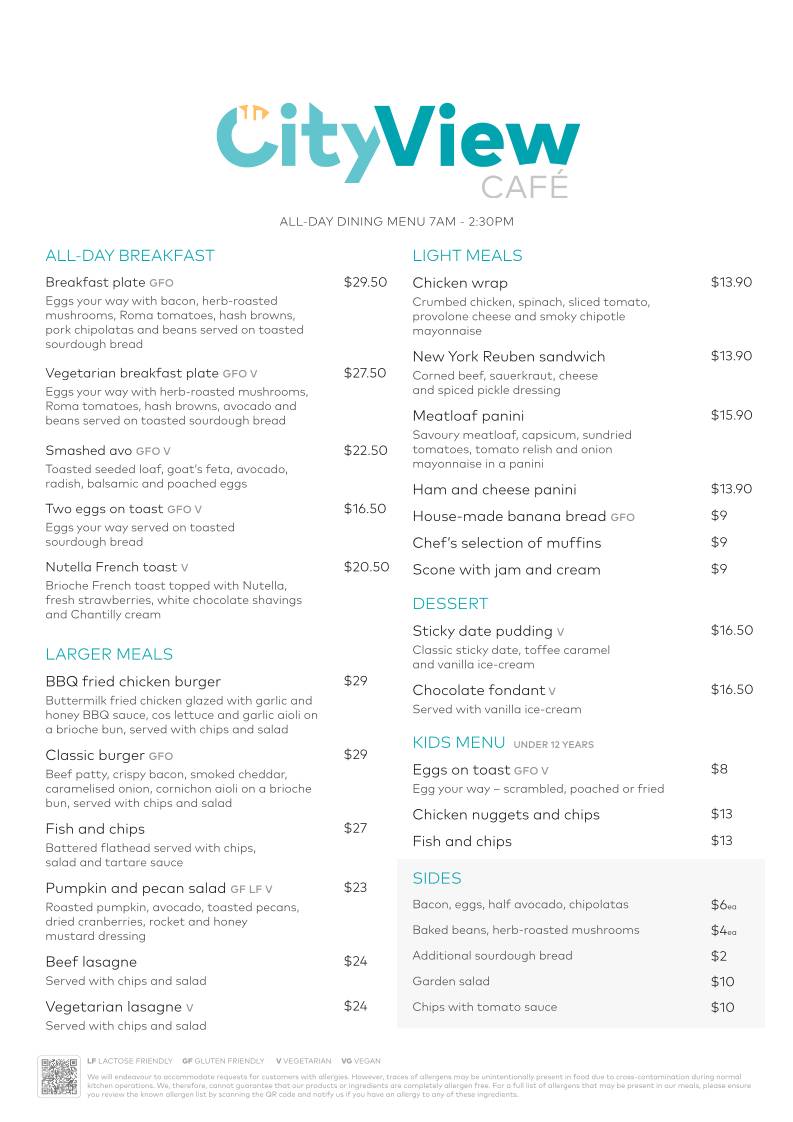 Menu at City View Café cafe, Burswood, Optus Stadium