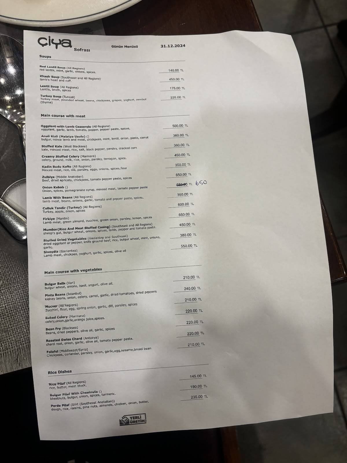 Menu at Çiya Sofrası, Istanbul, Güneşli Bahçe Sok