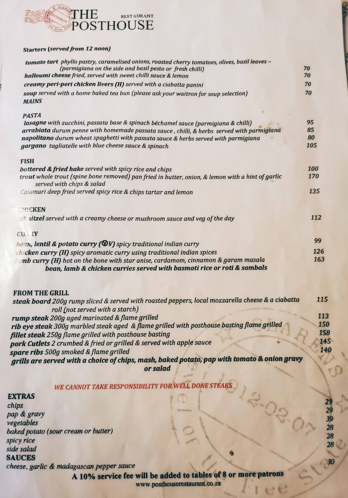 Menu at The Posthouse Restaurant, Clarens