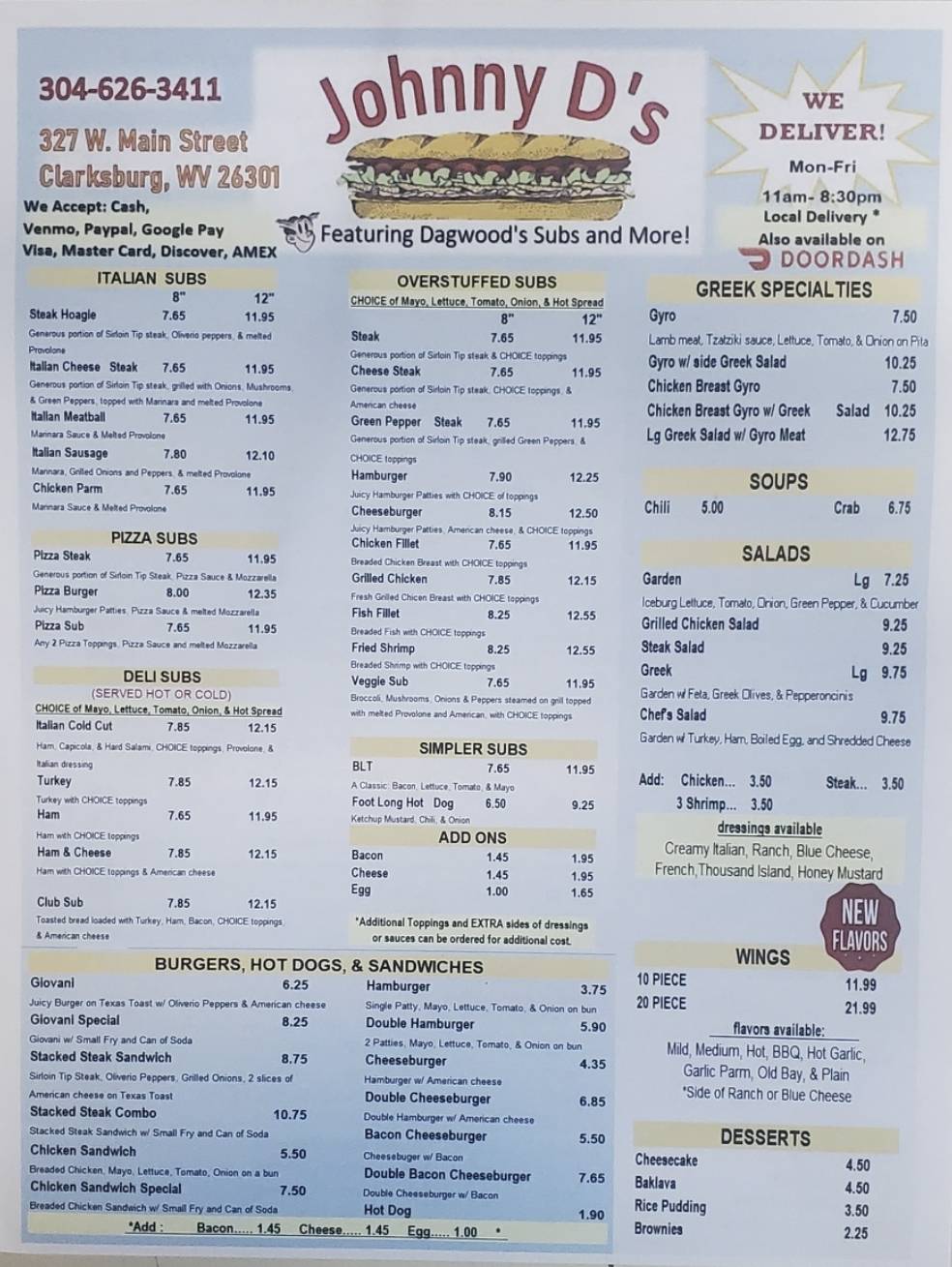 Menu at Johnny D's Pizza and Subs pizzeria, Clarksburg
