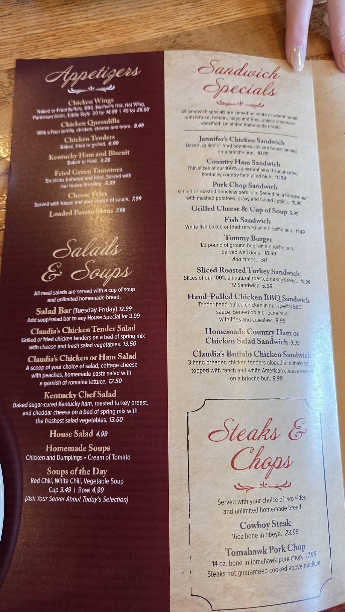 Menu at Claudia Sanders Dinner House restaurant, Shelbyville
