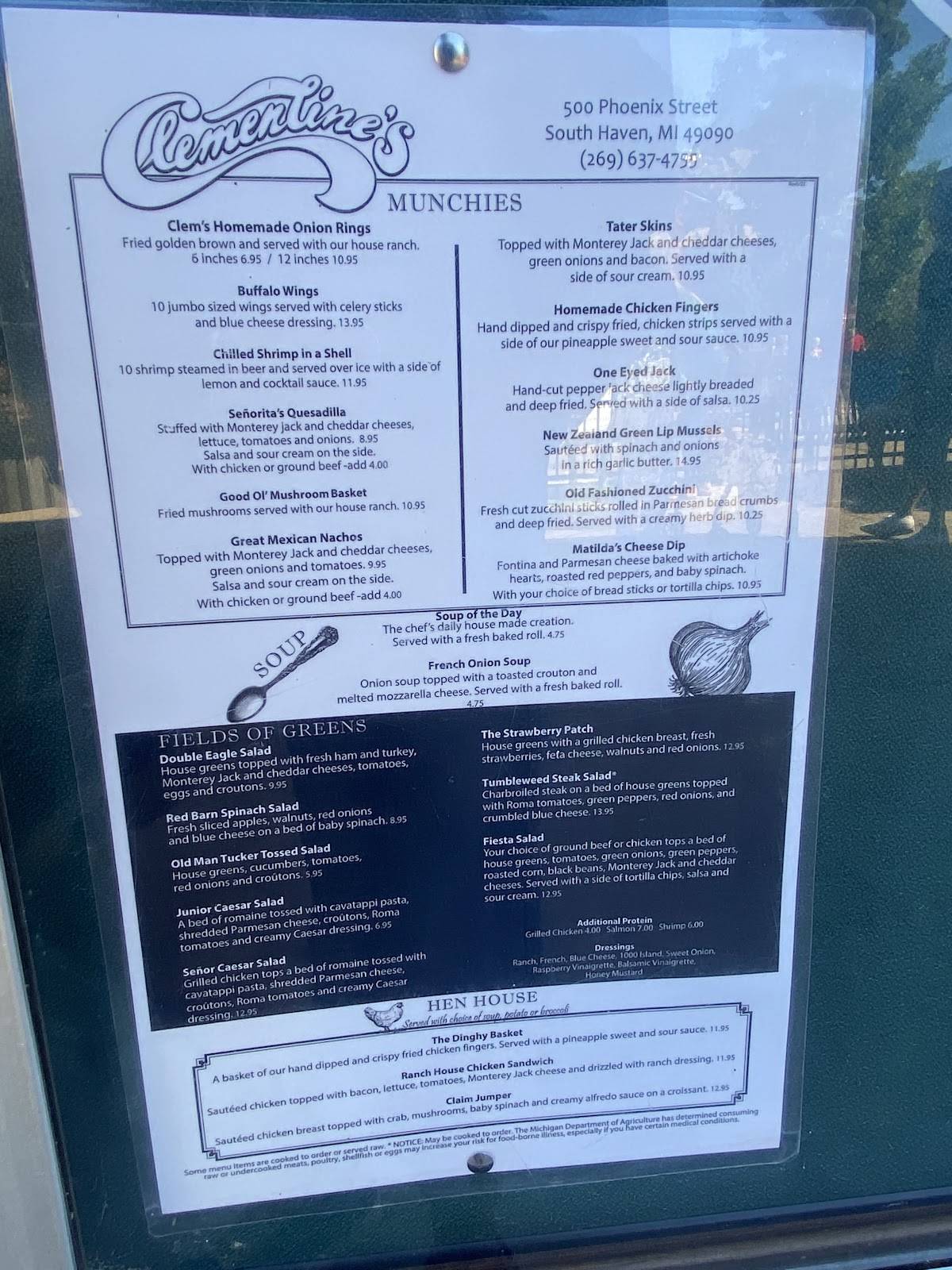 Menu at Clementine's restaurant, South Haven