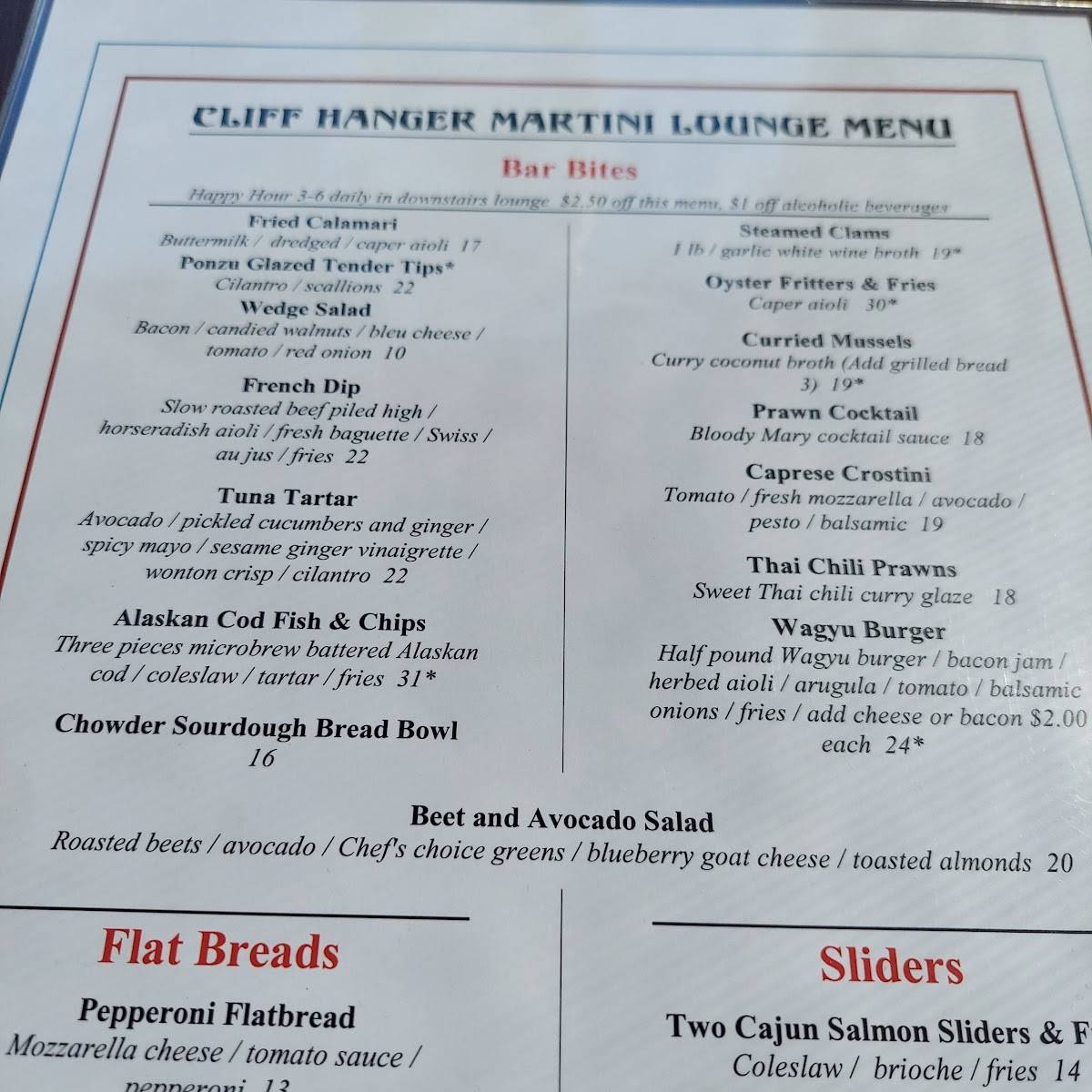 Menu at Cliff House Restaurant, Tacoma
