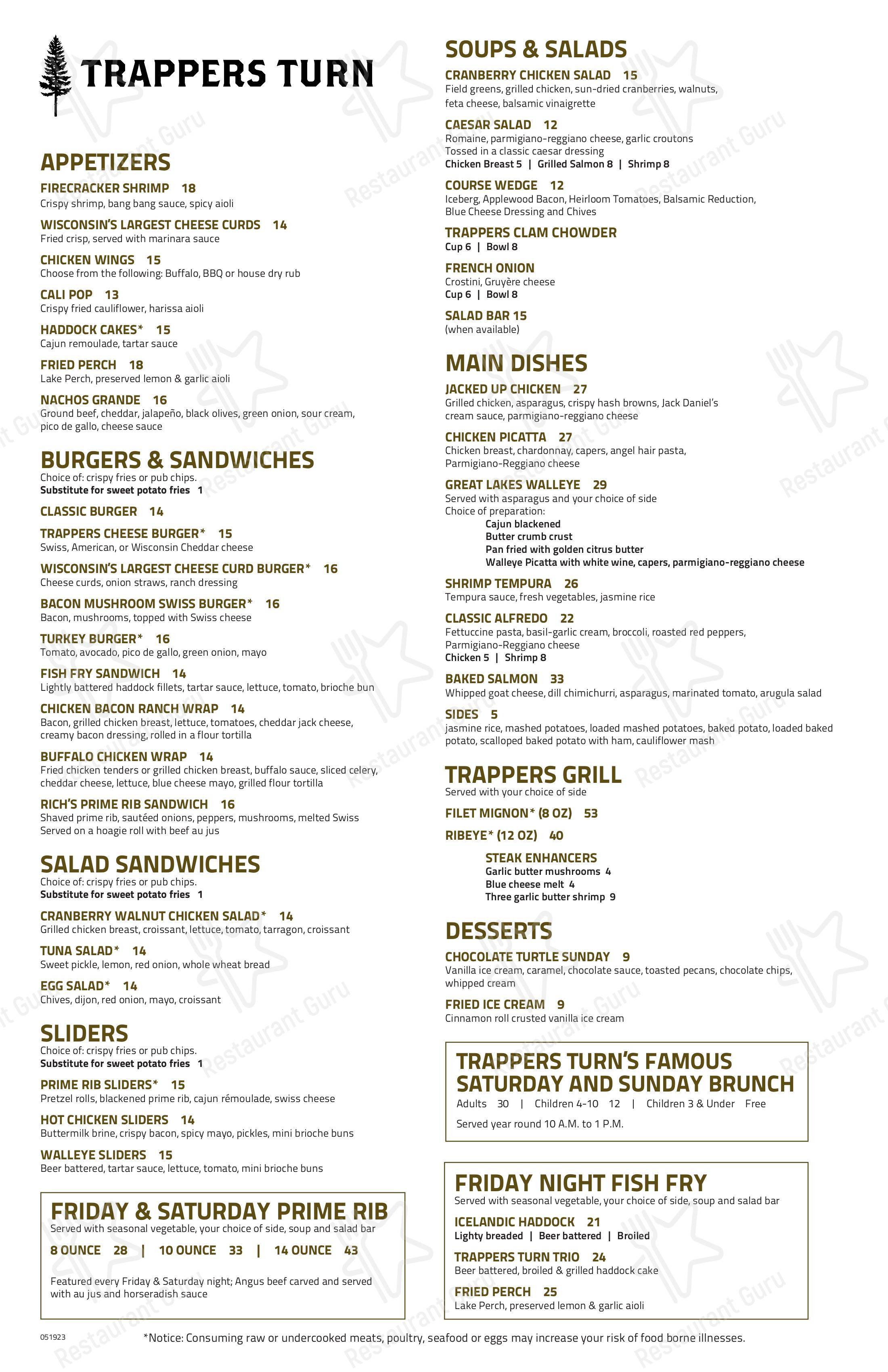 Menu at Trappers Turn club, Wisconsin Dells