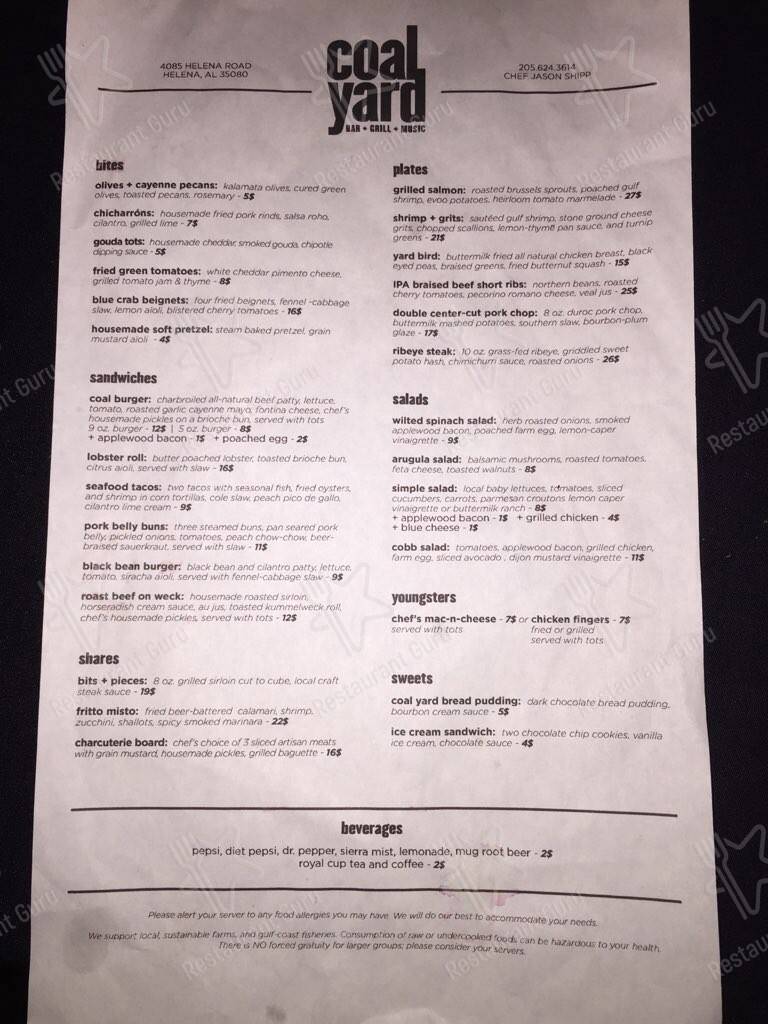 Menu at The Coal Yard restaurant, Helena