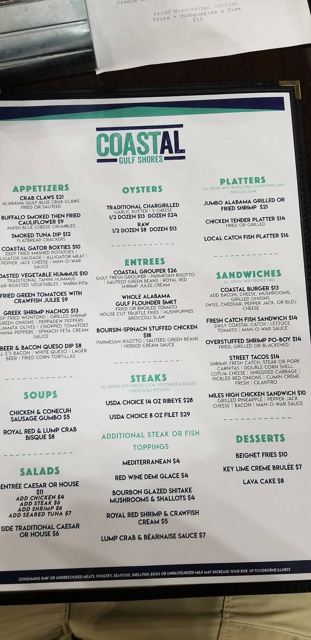 Menu at Coastal Orange Beach pub & bar, Orange Beach