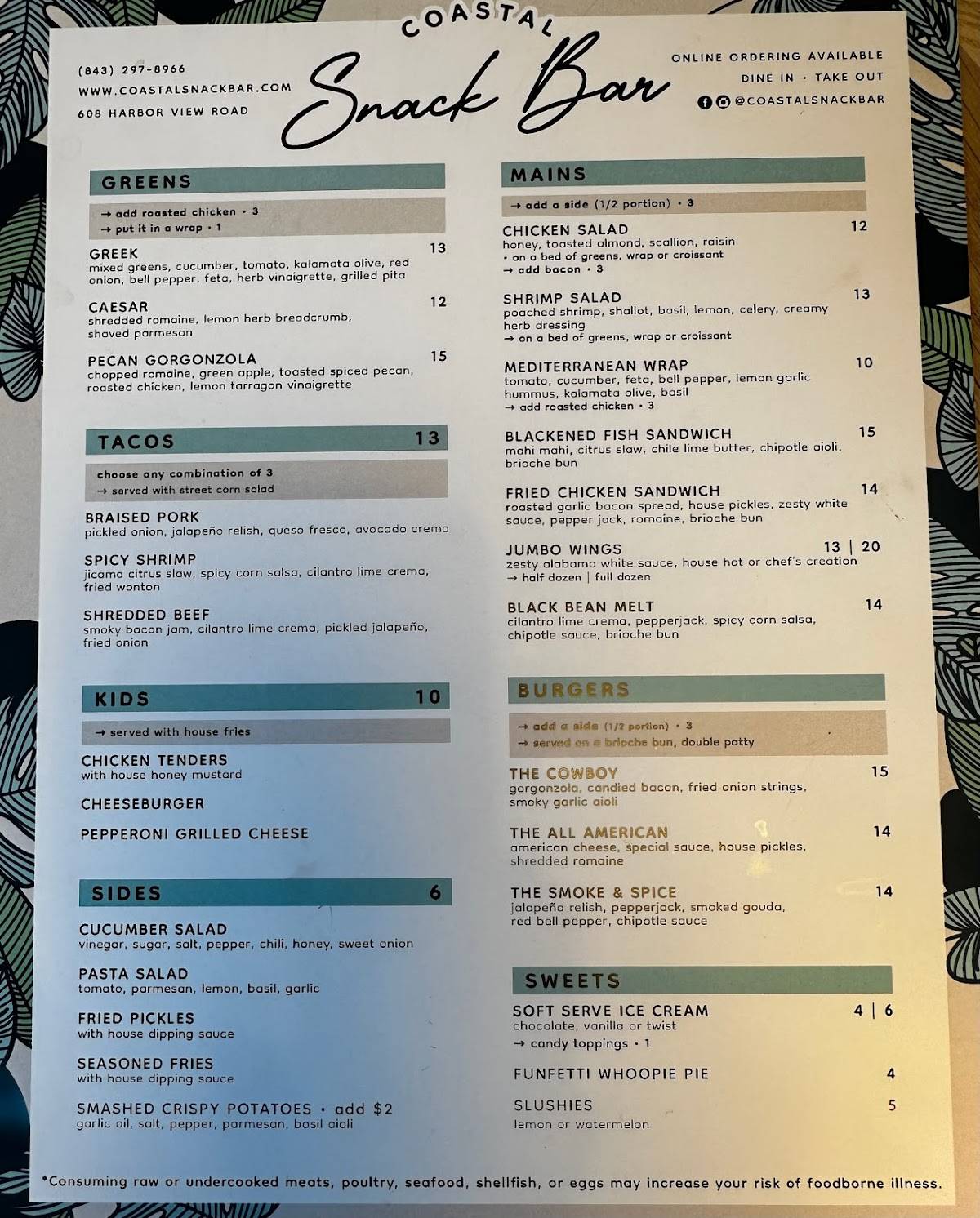 Menu at Coastal Snack Bar, Charleston