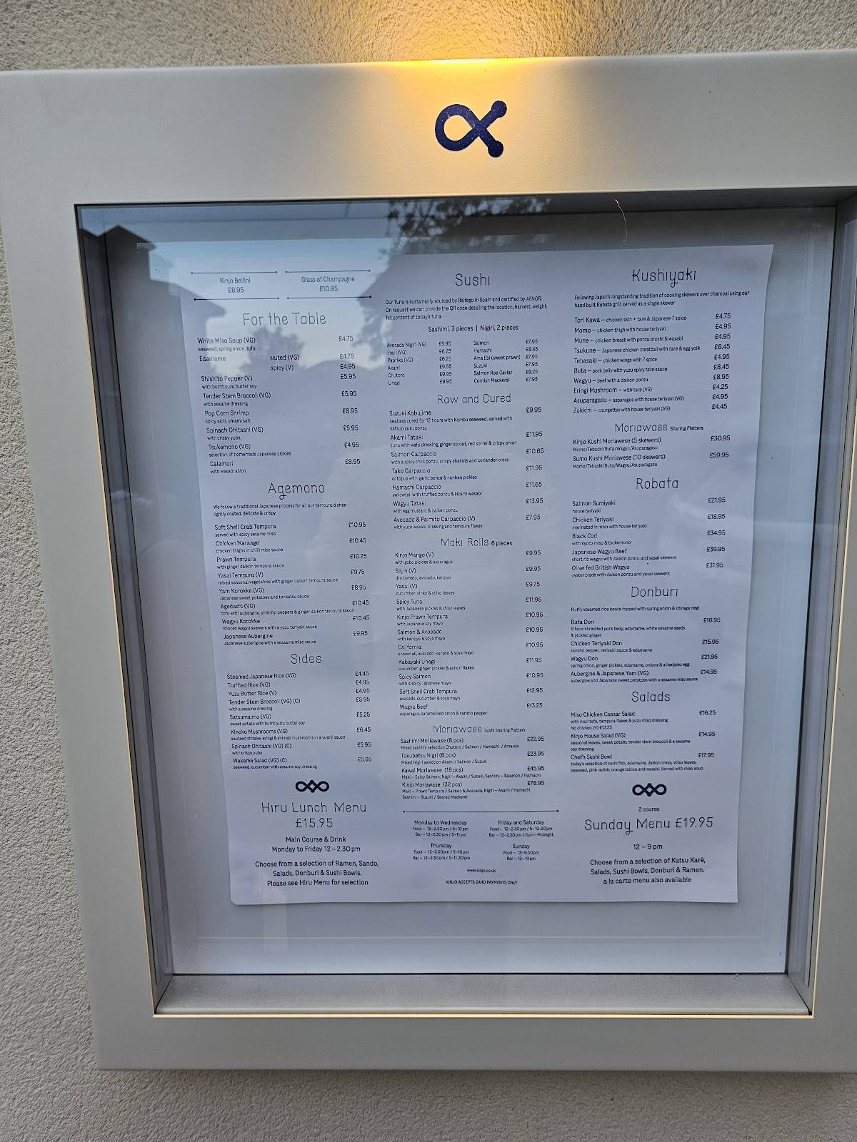 Carta de Kinjo - Japanese Restaurant, Bar & Grill, Cobham
