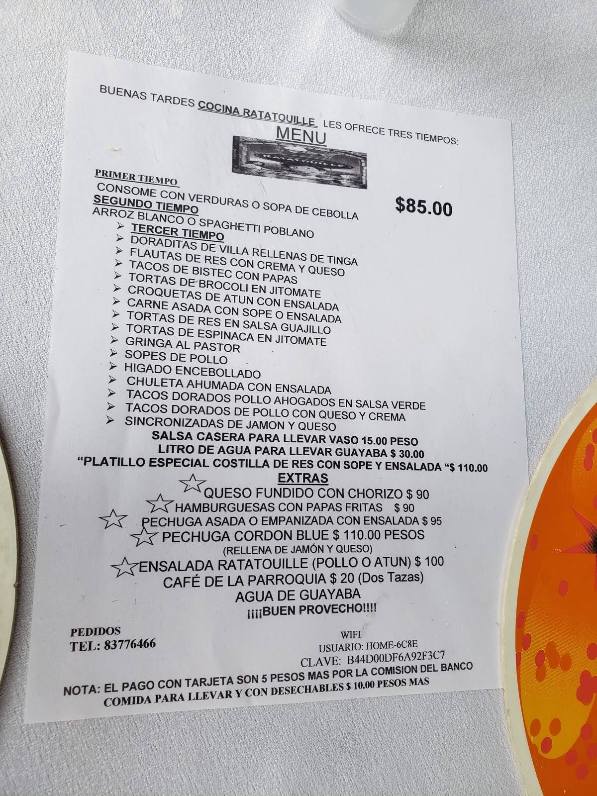 Menu at Cocina Ratatouille restaurant, Mexico