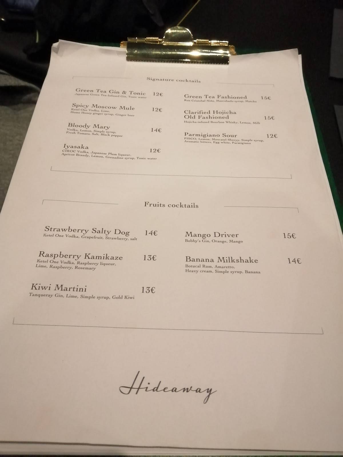 Speisekarte von Cocktail Bar Hideaway, Düsseldorf