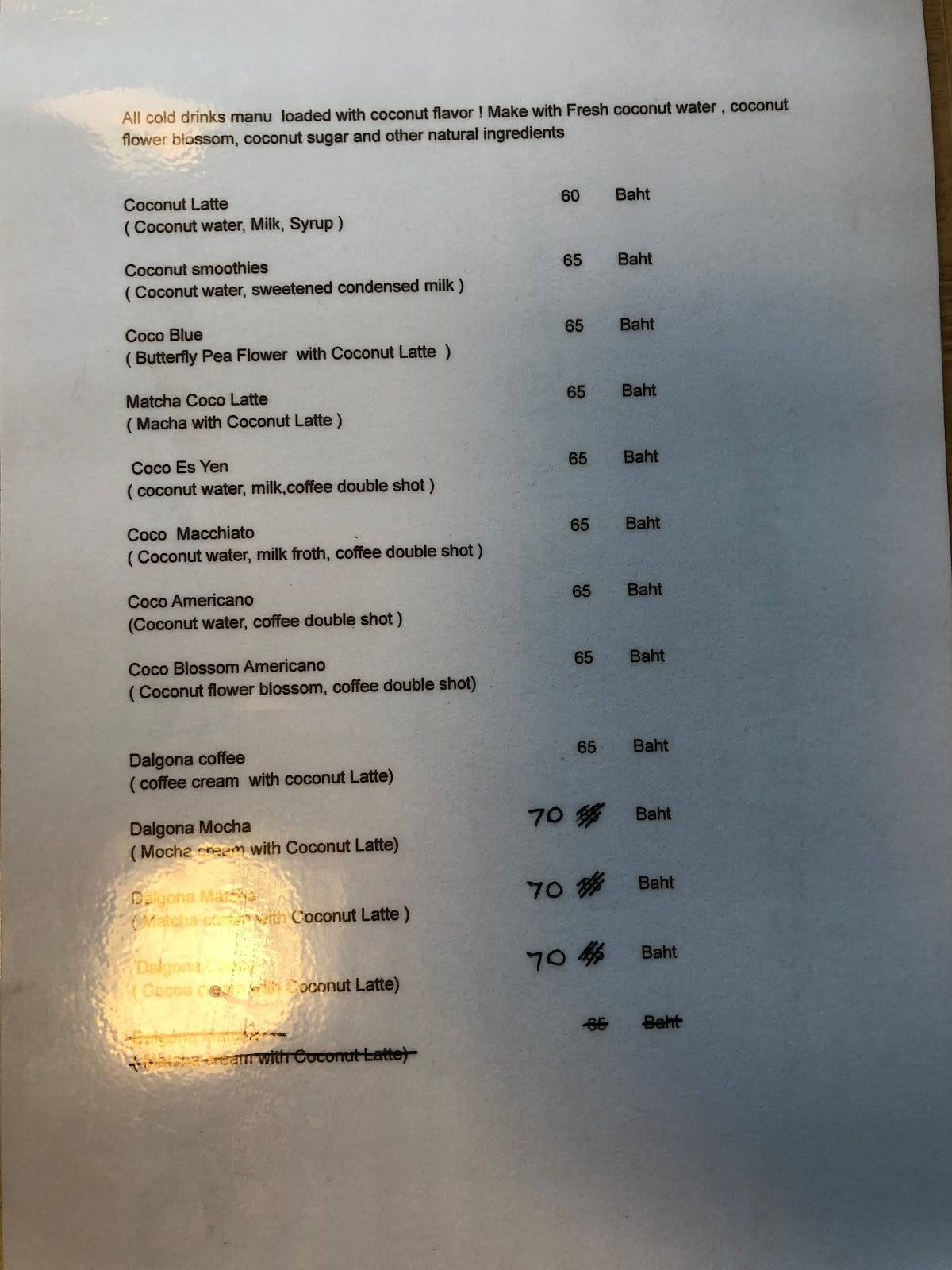 Menu at CoCo Moment cafe, Bangkok