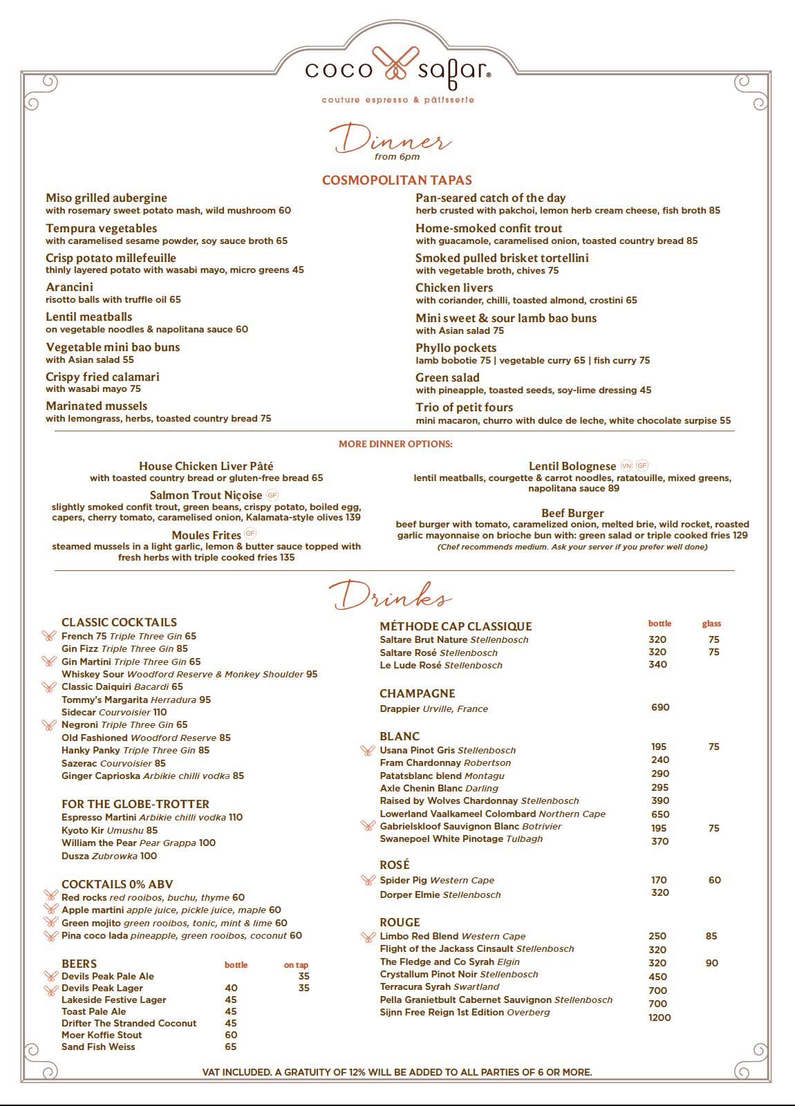 Menu at Coco Safar Sea Point restaurant, Cape Town, Piazza St-John