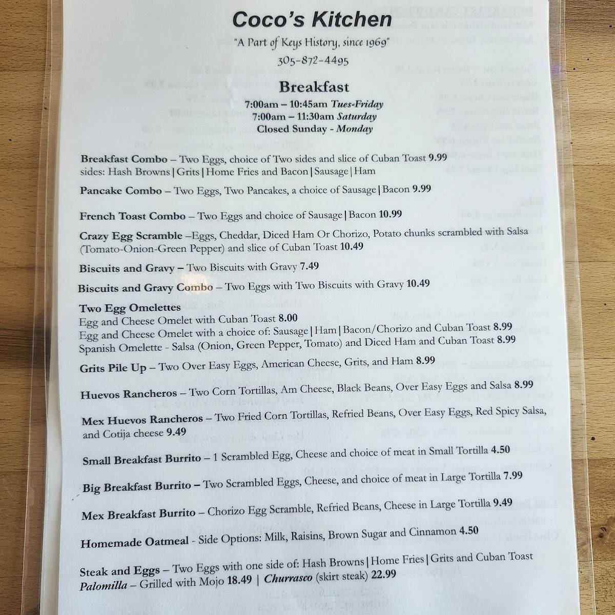 Menu at Coco's Kitchen restaurant, Big Pine Key
