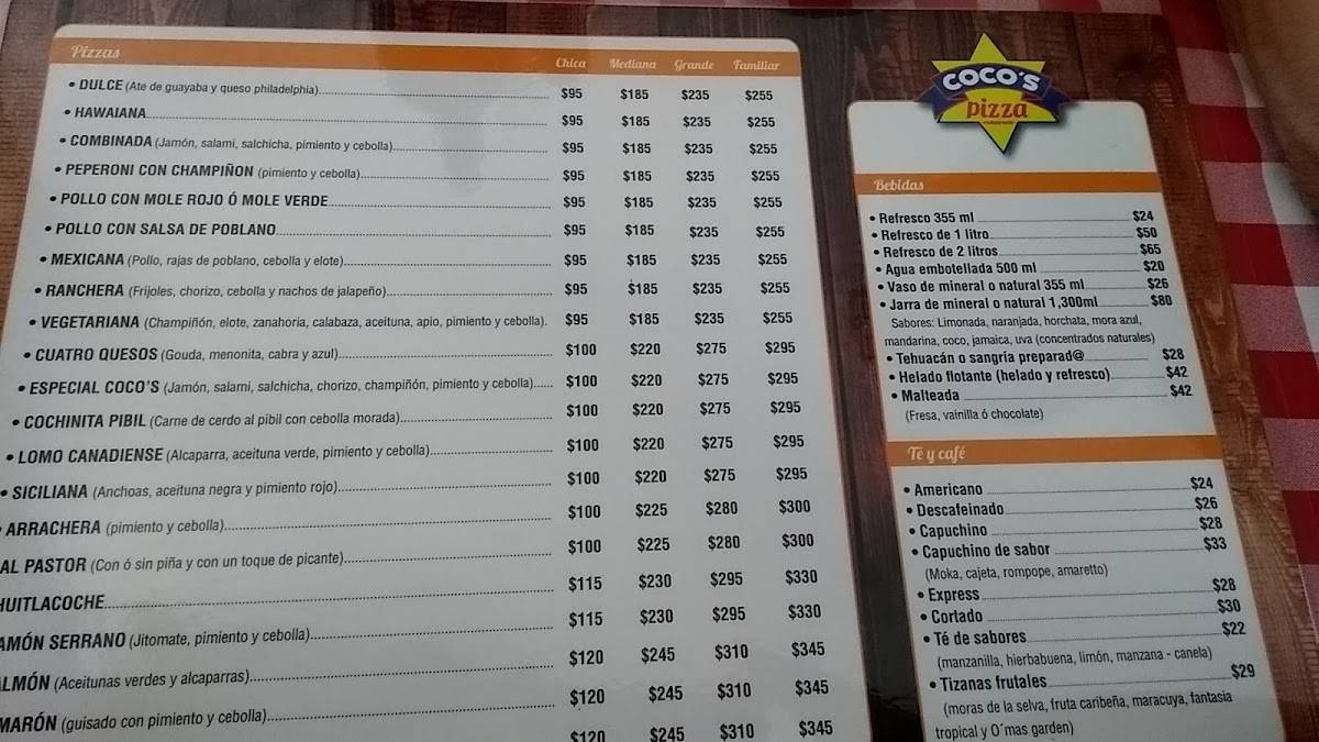 Carta del restaurante Coco's Pizza, Texcoco del Mora