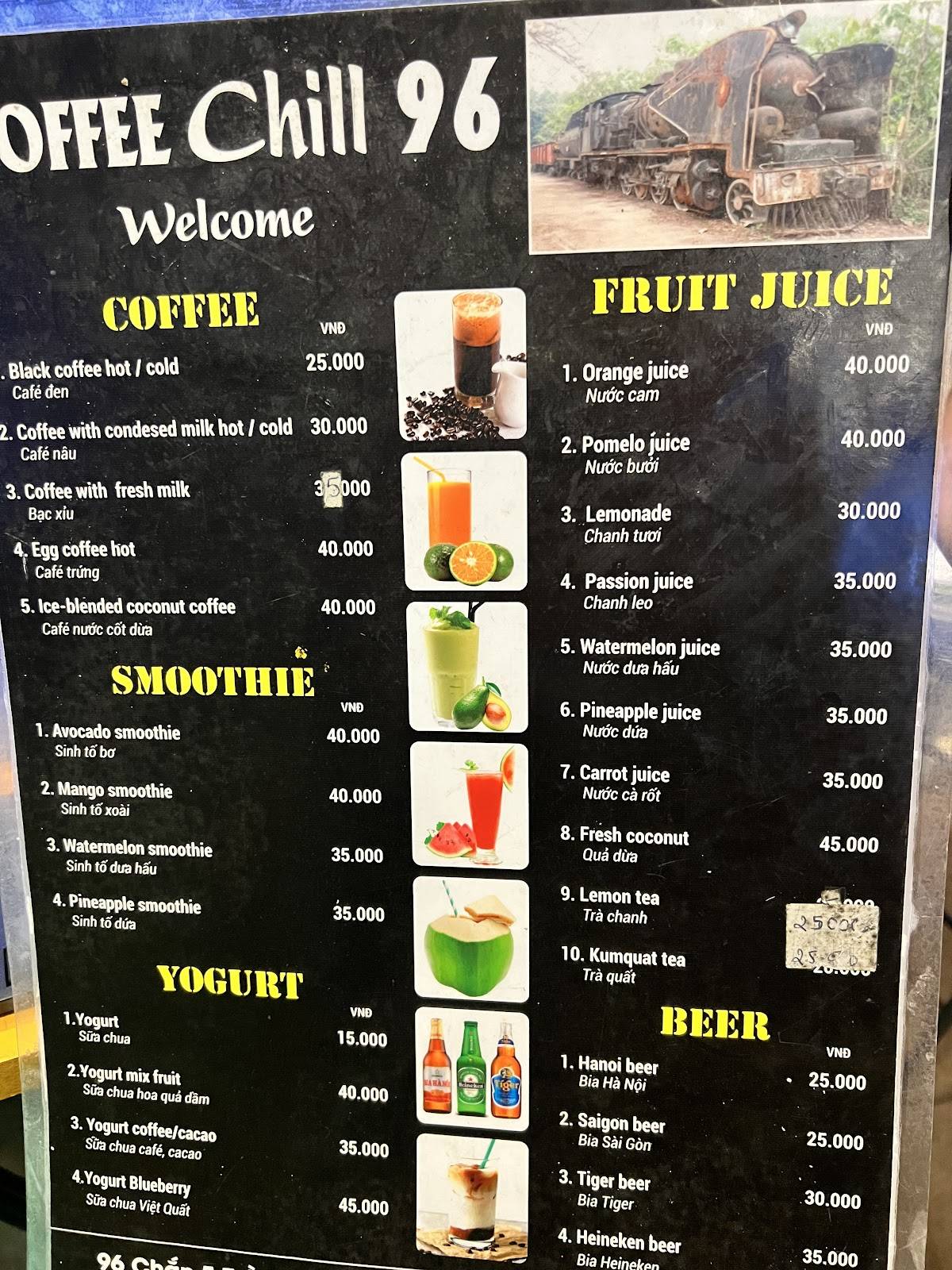 Menu at Coffee Chill 96 restaurant, Hanoi