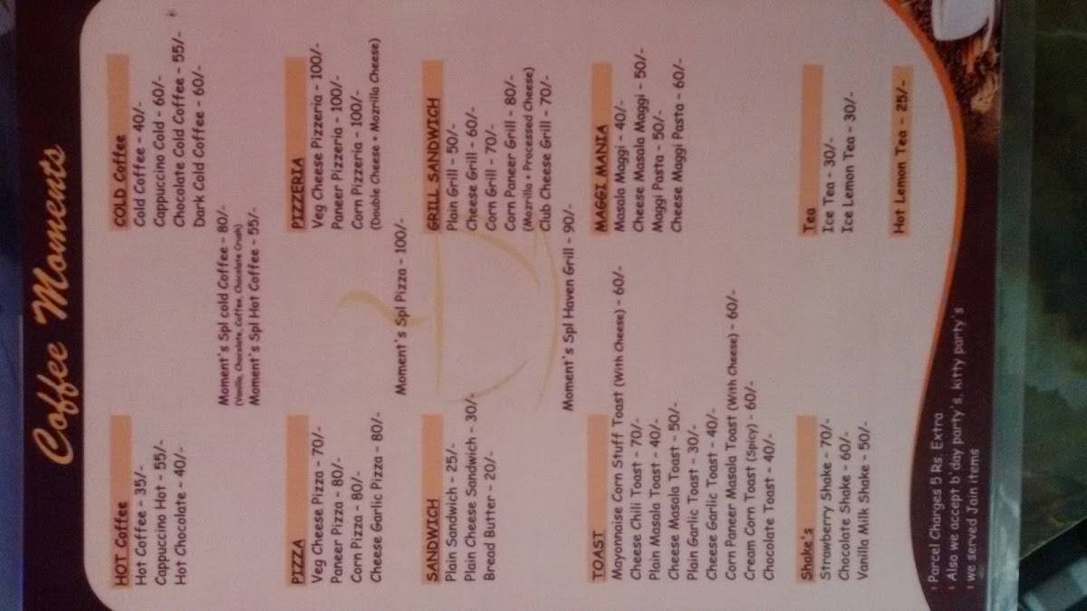 Menu at Coffee Moments, Kolhapur