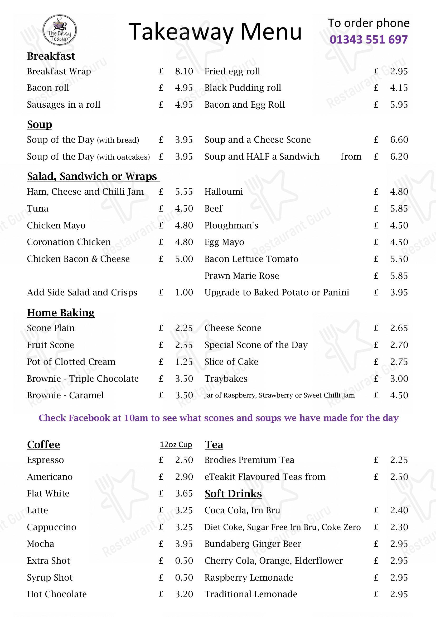 Menu at The Ditsy Teacup coffee house, Elgin