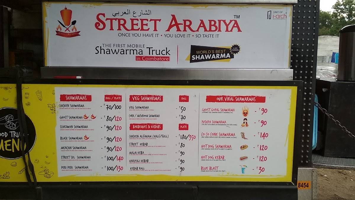 Menu at Street Arabiya Ramanathapuram, Coimbatore, X2W6+WJX