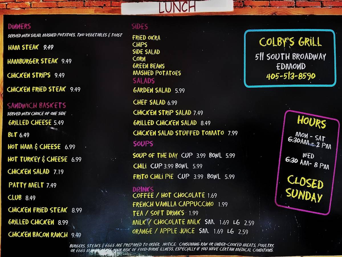 Menu at Colby's Grill restaurant, Edmond