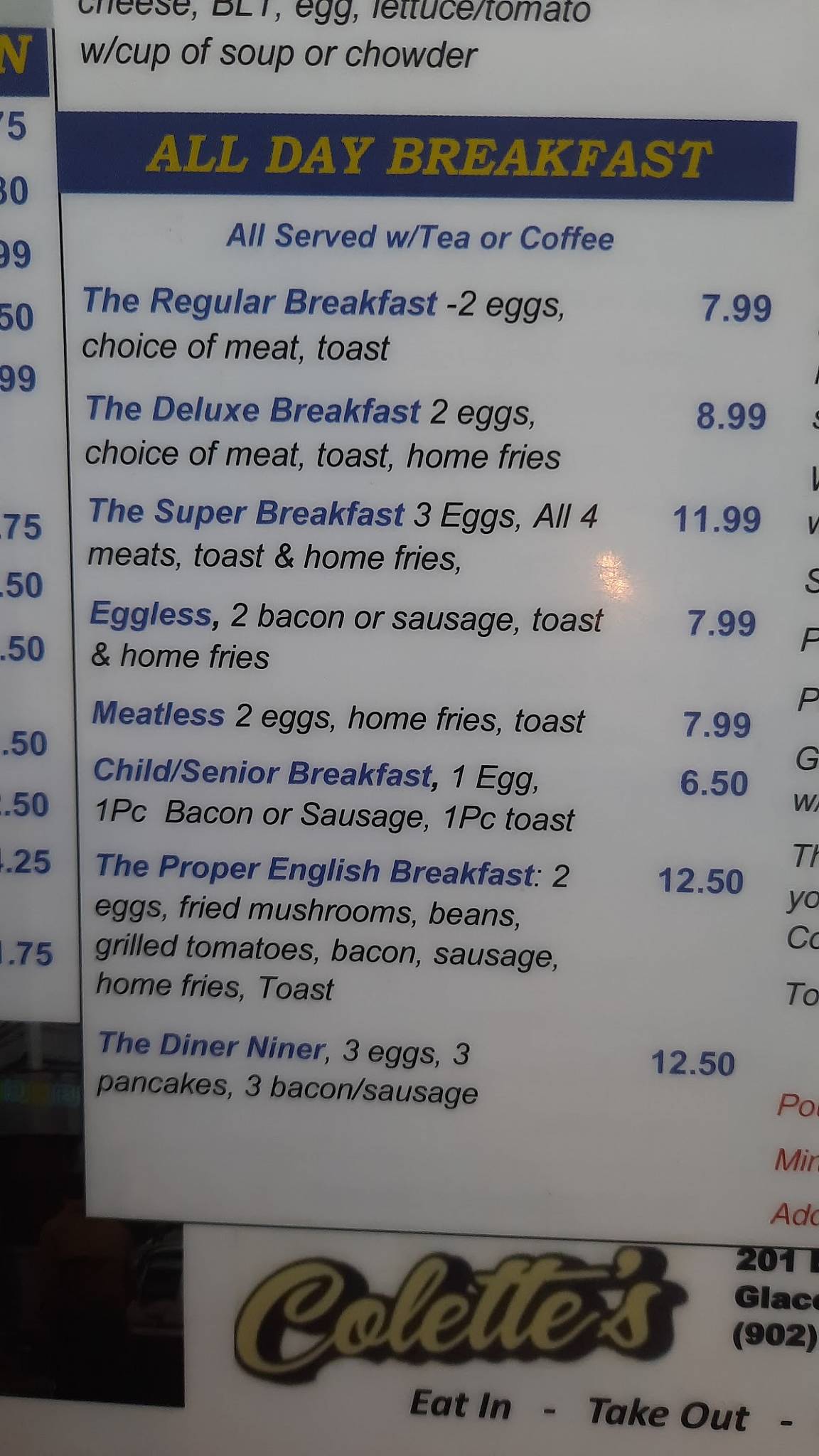 Menu at Colette's Family Restaurant Ltd, Glace Bay