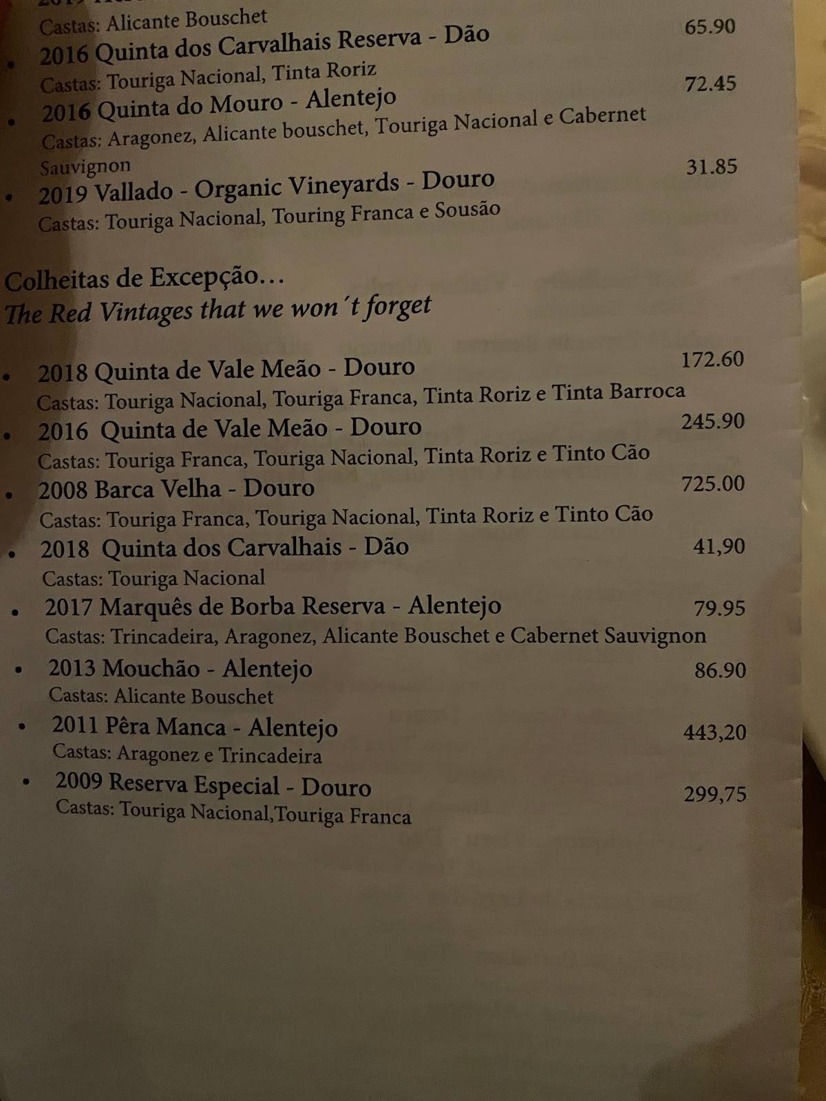 Menu at Restaurante Come Prima, Lisbon