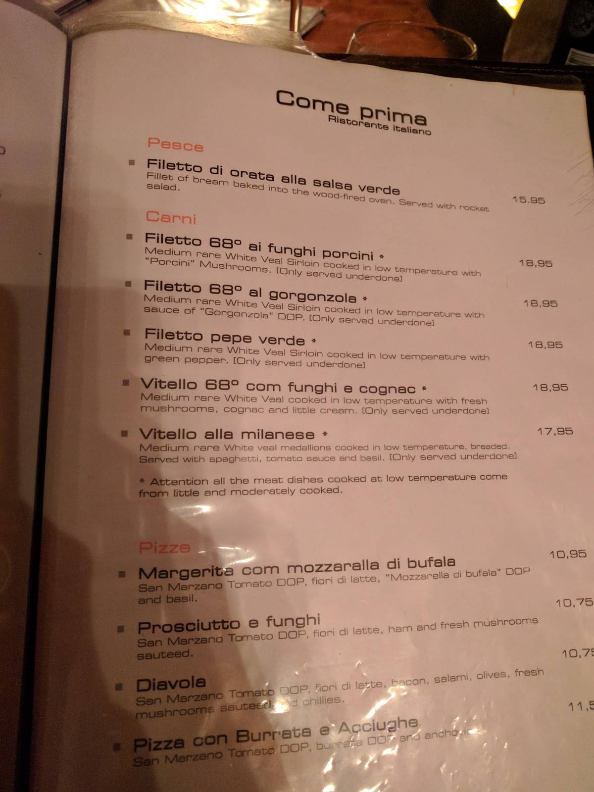 Menu at Restaurante Come Prima, Lisbon