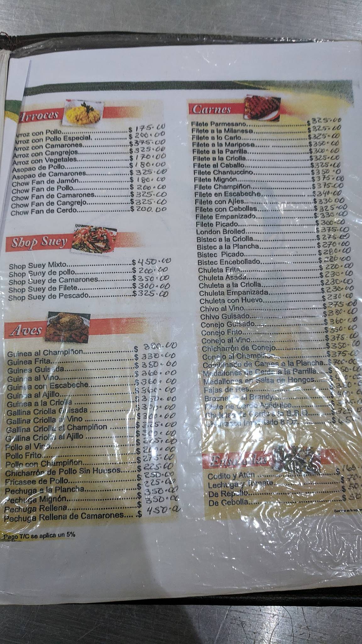 Carta del restaurante Comedor Luisa, Constanza