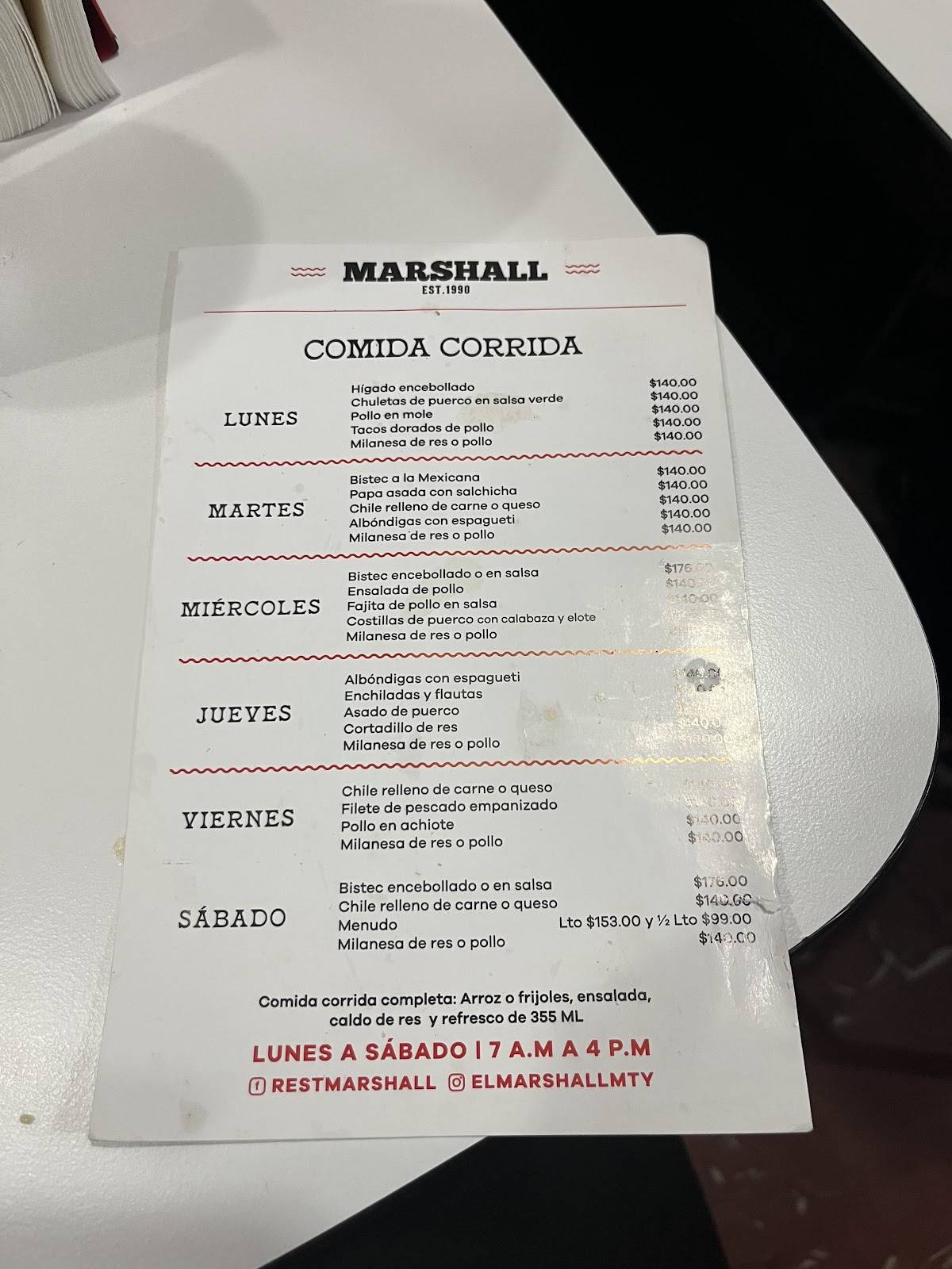 Carta del restaurante El Marshall, Monterrey