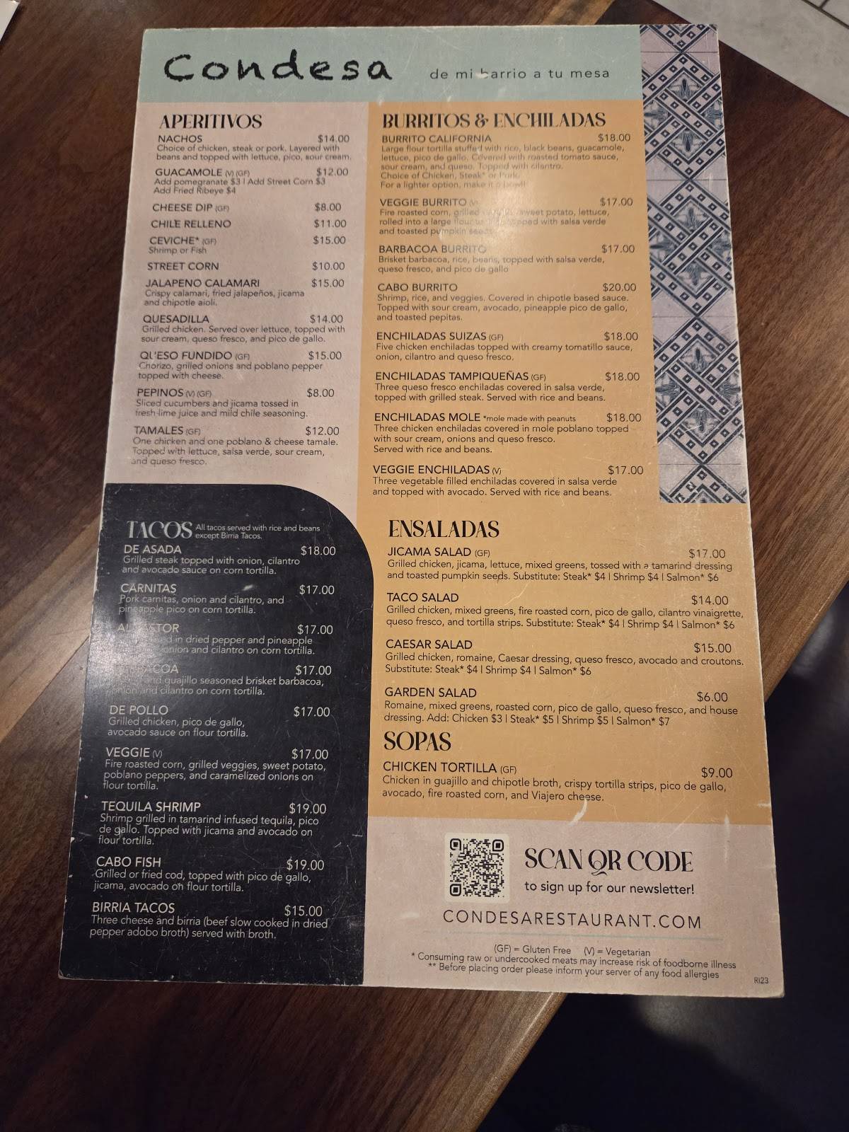 Menu at Condesa Restaurante Mexicano Warwick, West Warwick