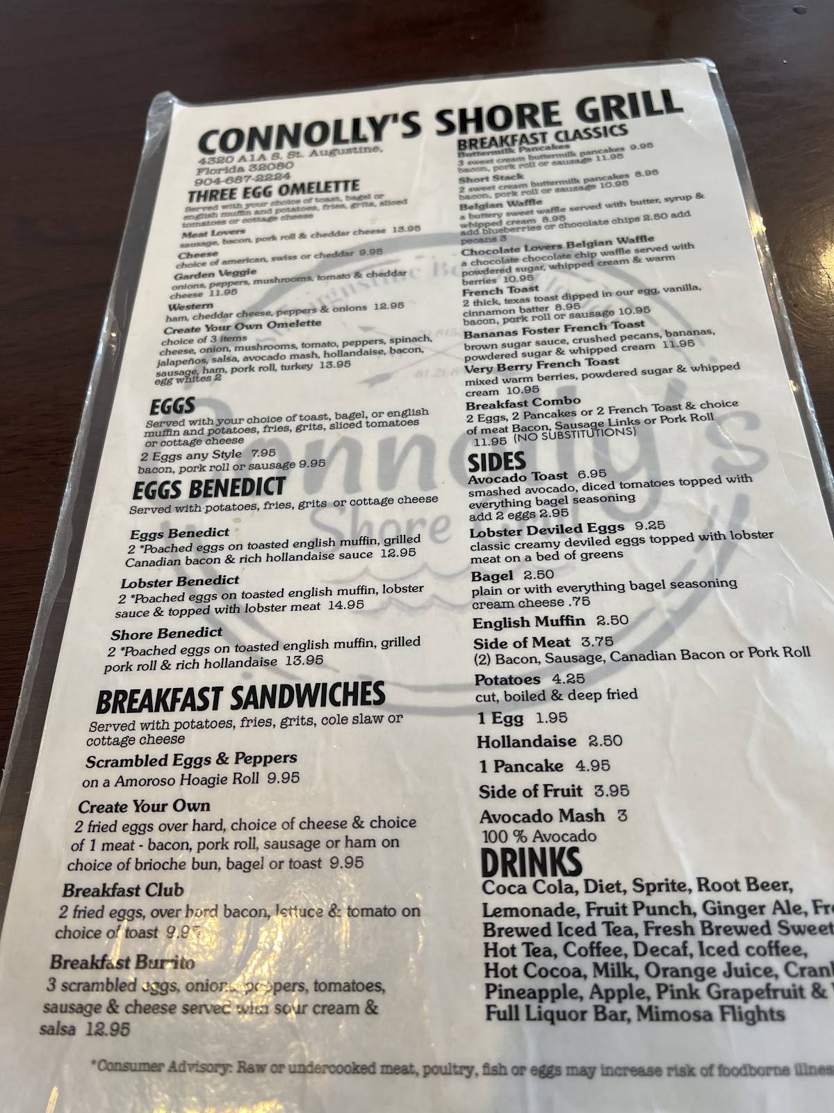Menu at Connolly's Shore Grill restaurant, St. Augustine