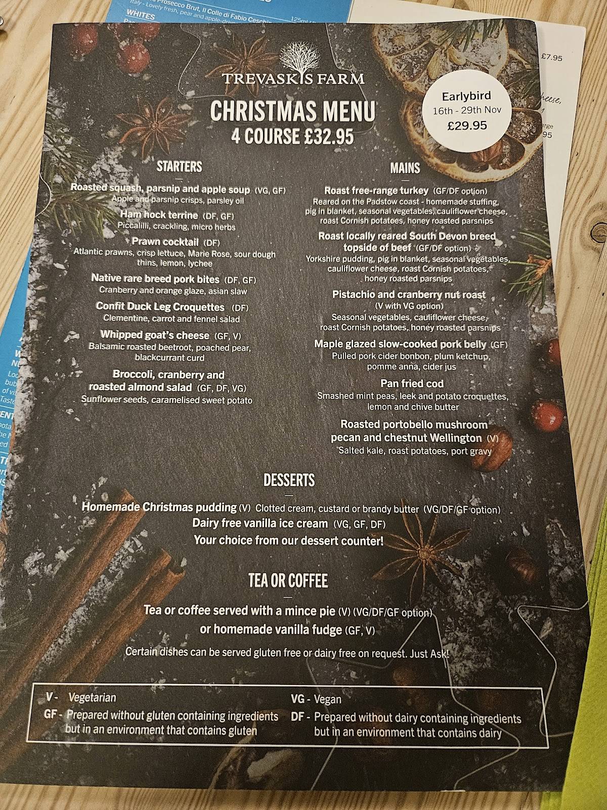 Menu at Trevaskis Farm restaurant, Gwinear-Gwithian